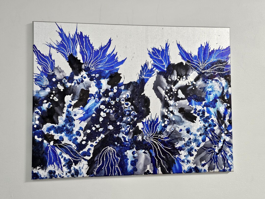 Blue Black Ink Art Abstract Painting, Blue Wall Art. Blue Wall Decor ...