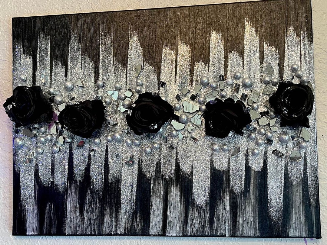 Black Rose Silver Glass Glam Glitter Art, Glam Glass Painting, Silver ...