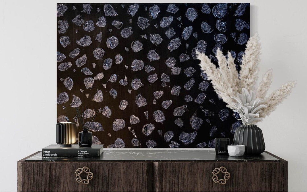 Black Gunmetal Matte Cheetah Glam Painting, Acrylic Glitter Art, Glam ...