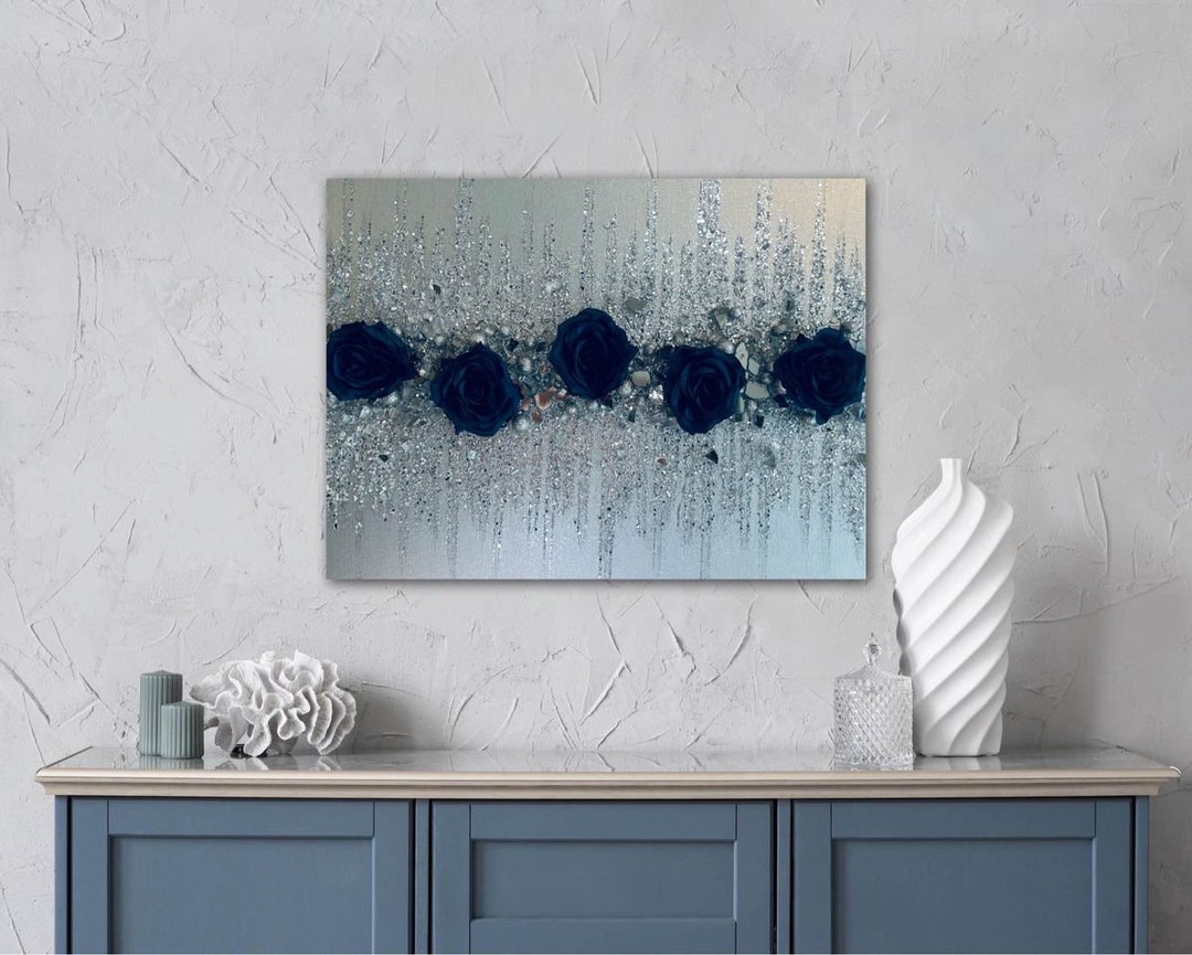 Navy Blue Rose Glass Painting: Glitter Glam Flower Wall Art - Etsy
