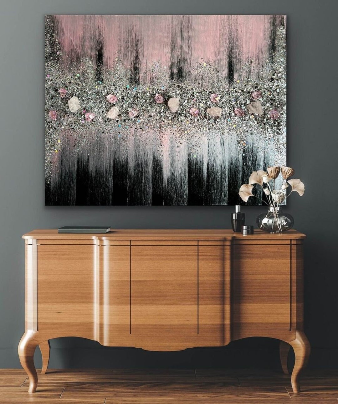 GLAMOUR Rose Quartz Aura Gem Painting, Black and Pink Glam Art, Crystal ...
