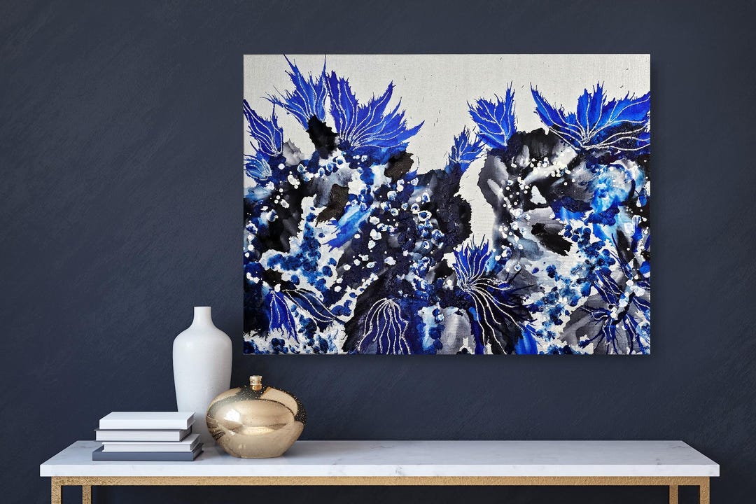 Blue Black Ink Art Abstract Painting, Blue Wall Art. Blue Wall Decor ...