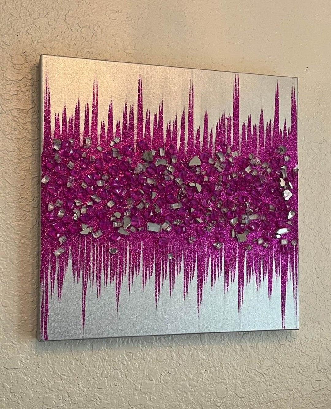 Fuchsia Gemmed Glass Painting, Glitter Glass Painting, Pink Wall Art ...