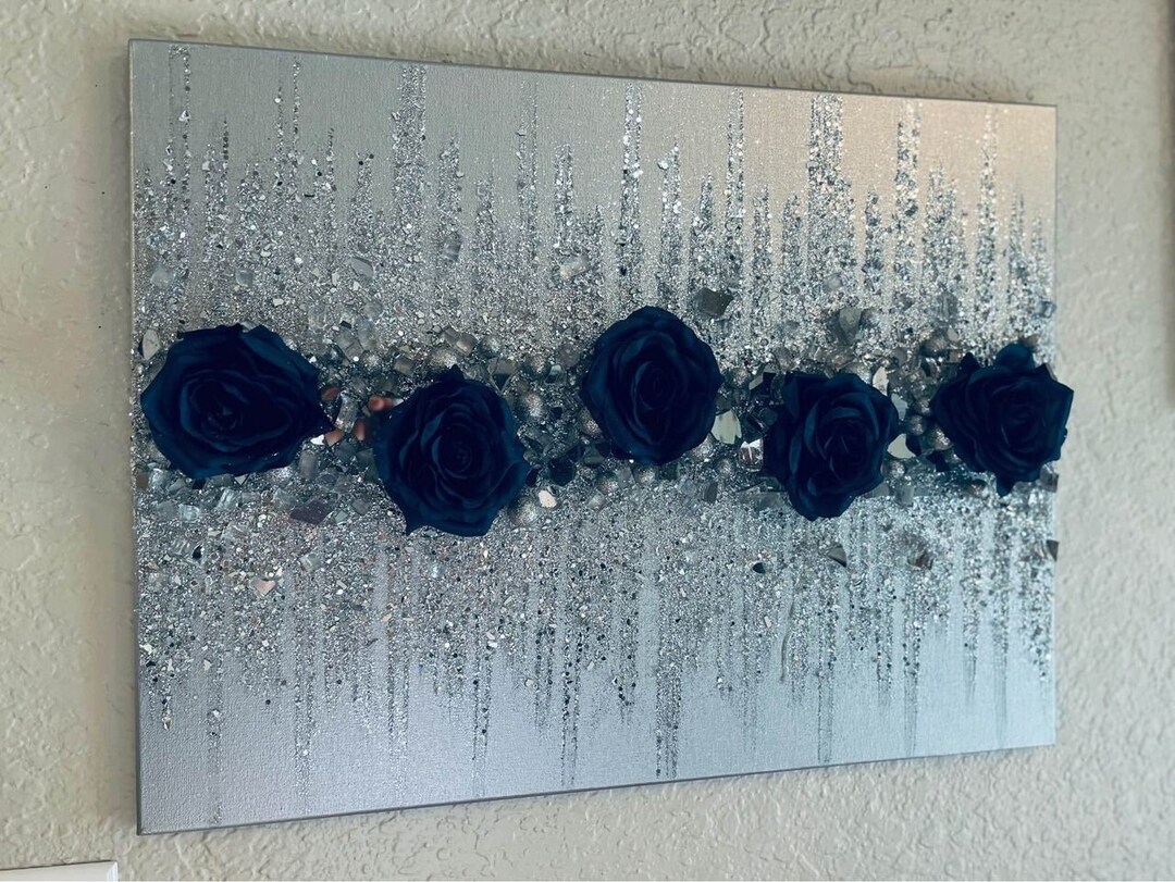 Navy Blue Rose Glass Painting, Glitter Glass Glam Painting, Flower Wall ...