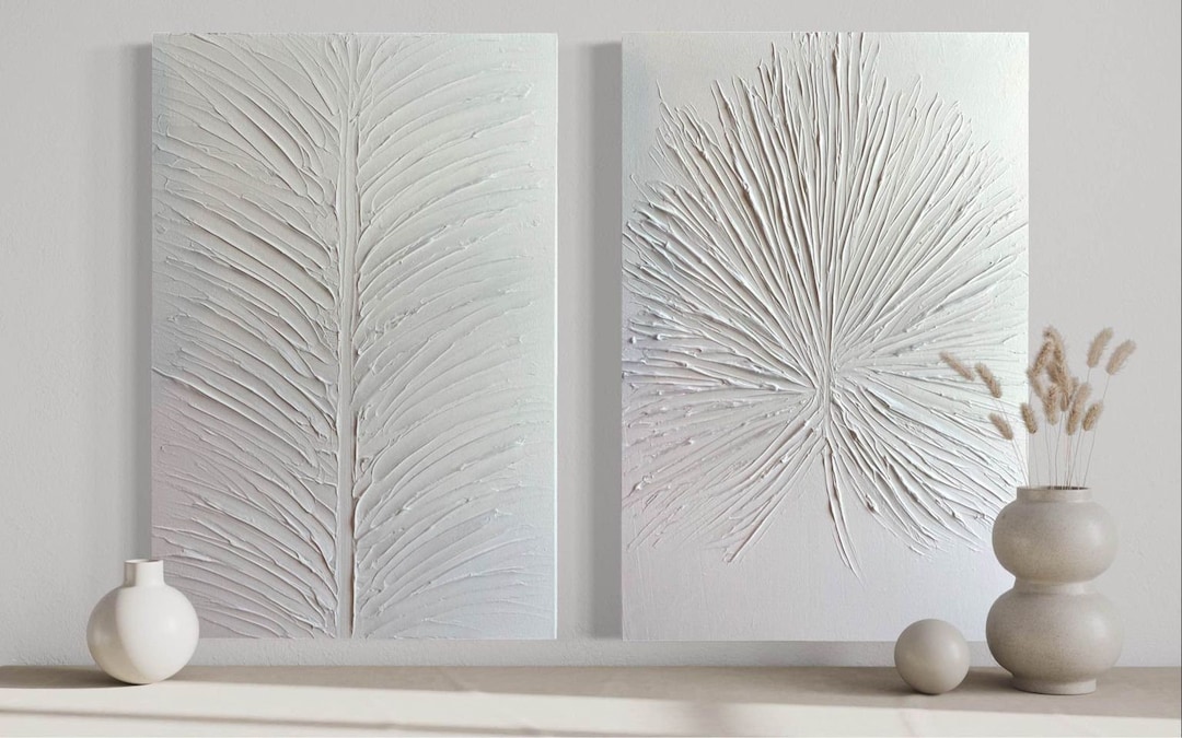 Beautiful Boho Palm Texture Painting Set, Minimalist Texture Art, White Decor, Minimalist ...