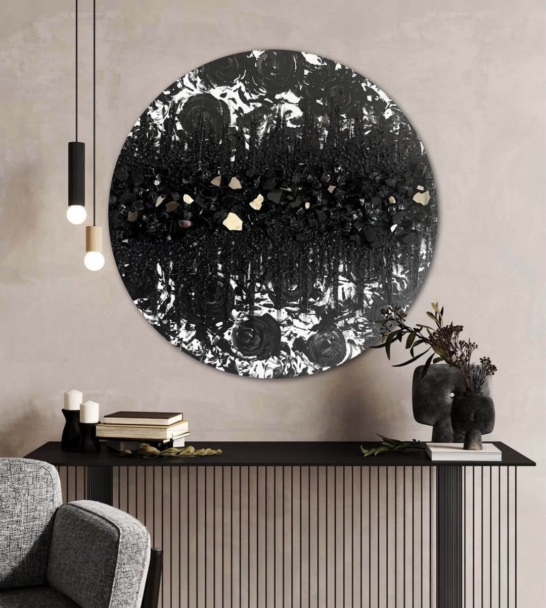 Intense Black Gothic Rose Round Glass Painting, Black Wall Art, Black ...