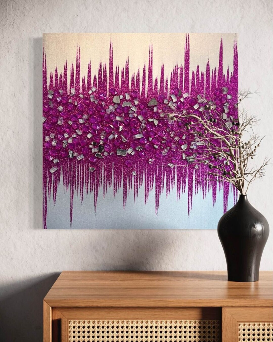 Fuchsia Gemmed Glass Painting, Glitter Glass Painting, Pink Wall Art ...