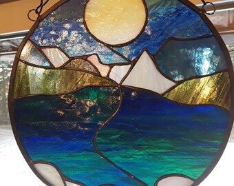 Summertime Mountain Landscape Stained Glass Mosaic Panel for Hanging in ...