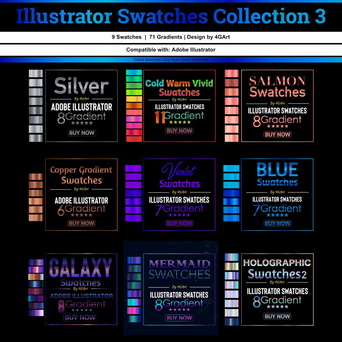 Illustrator Gradient Swatches Collection 3 Bundle for Adobe Illustrator ...