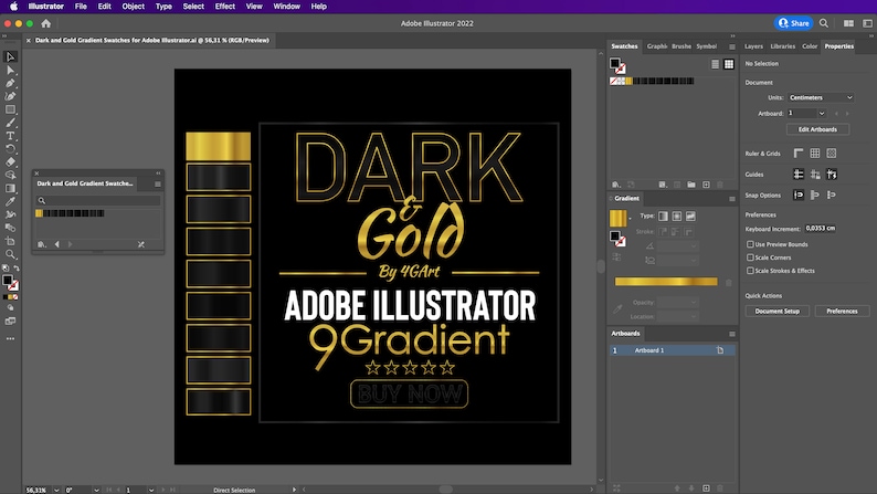 Dark and Gold Gradient Swatches for Adobe Illustrator | Black Metallic ...