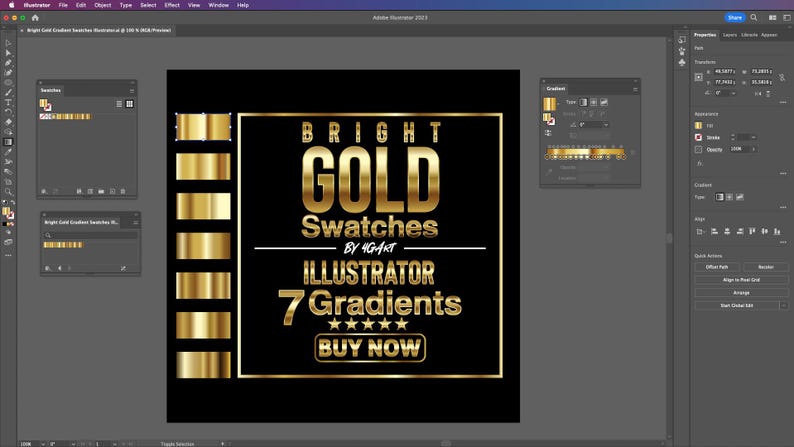 Bright Gold Gradient Swatches for Adobe Illustrator | Gold Metallic ...
