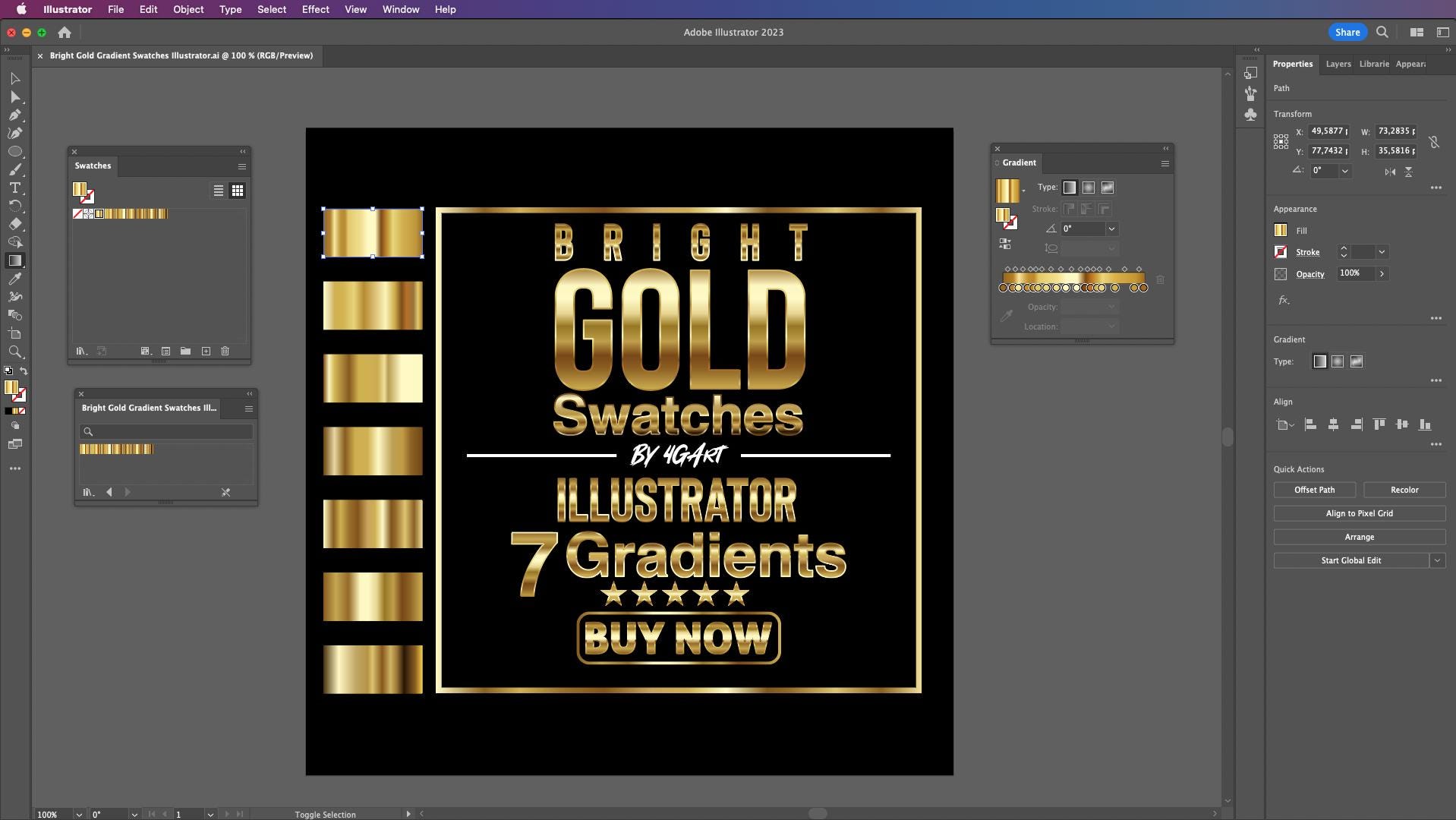Bright Gold Gradient Swatches for Adobe Illustrator | Gold Metallic ...