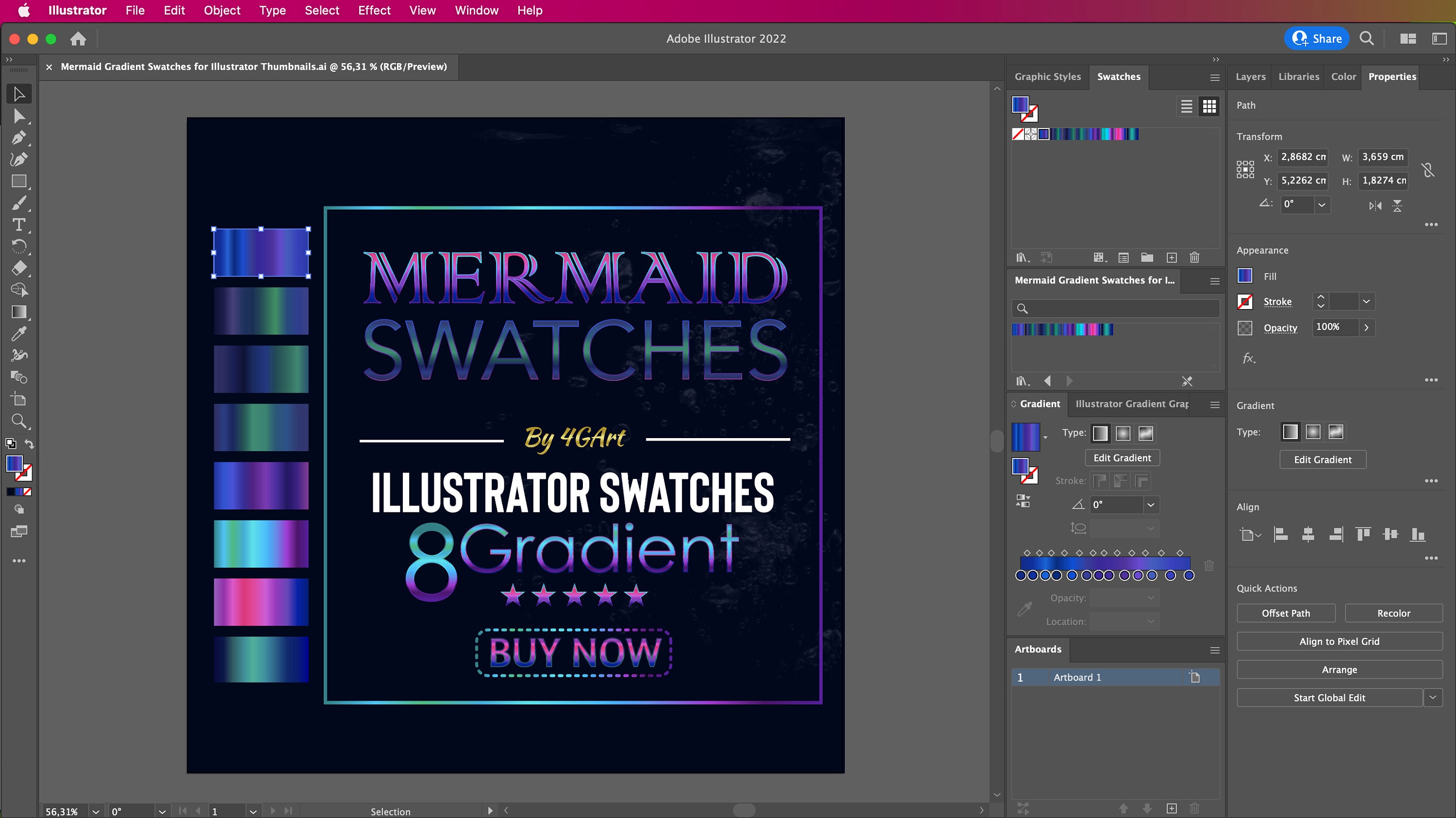 Mermaid Color Gradient Swatches for Illustrator | Adobe Illustrator ...