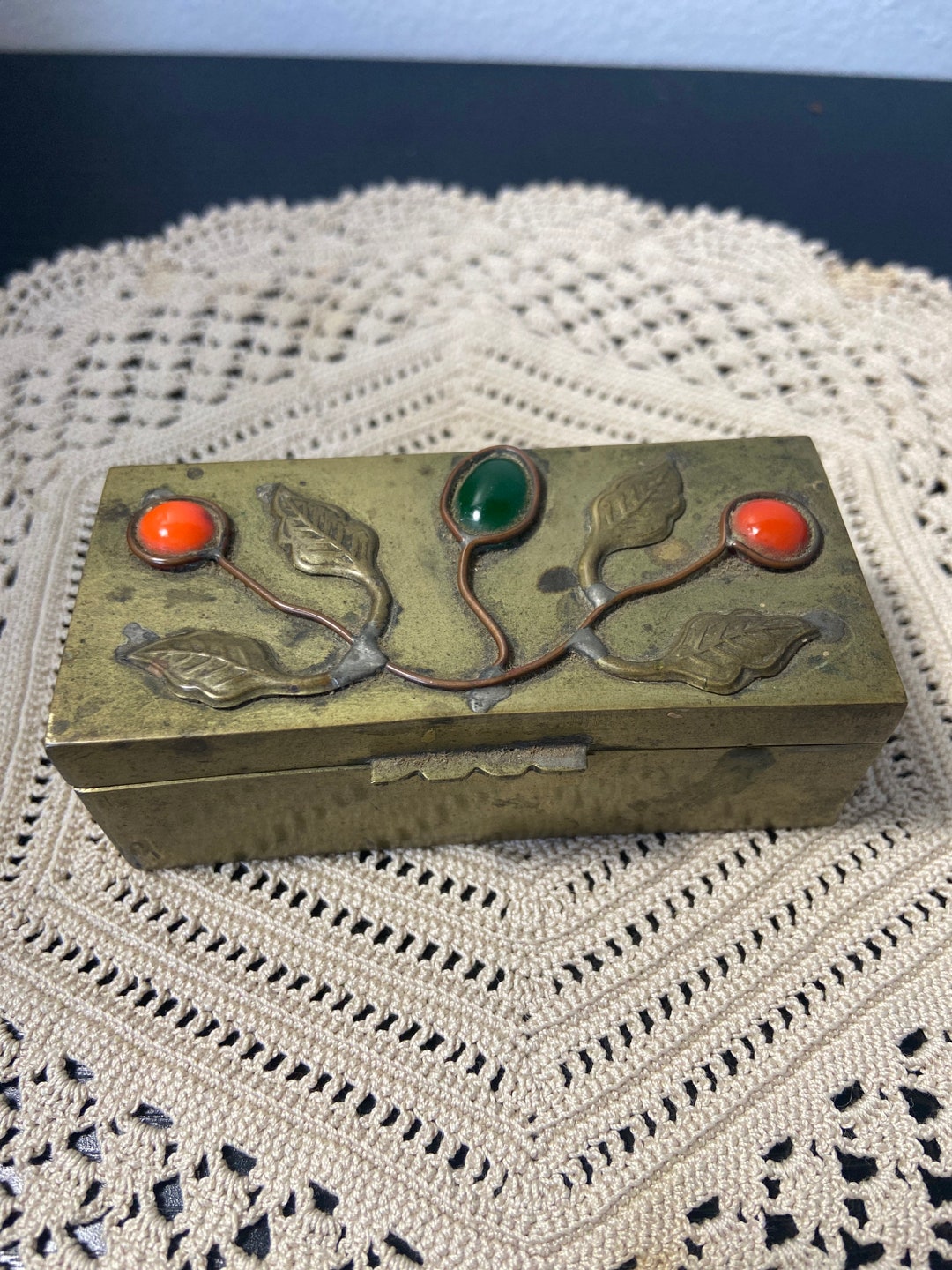 Vintage Chinese Hinged Brass Stamp Box With Cabochon Stones and 2 ...