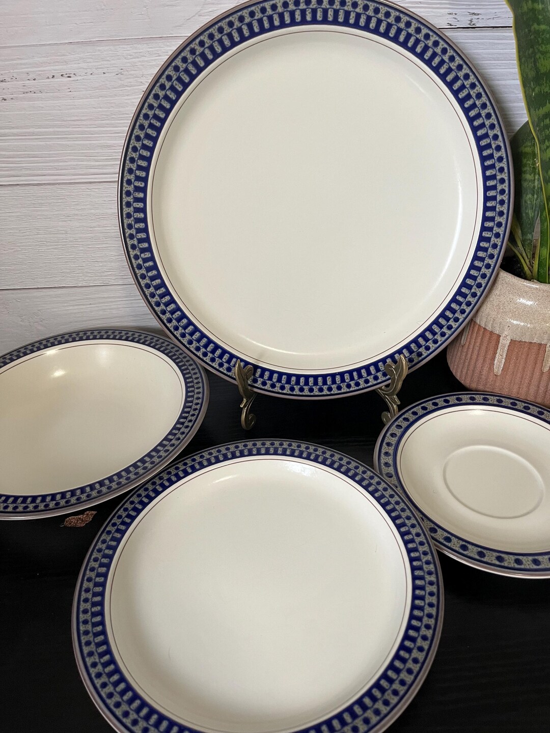 Set of 4 Mikasa Potter’s Touch Aztec Blue Dinnerware Pieces-11” Plate 8 ...