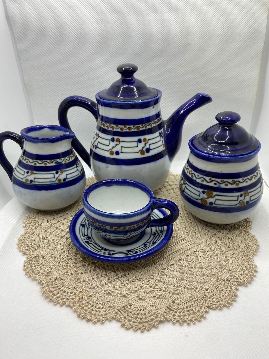 7 Piece Mexican Pottery Tea Set- Blue and White-tonala - Etsy