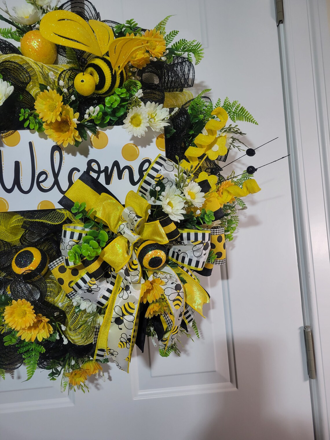 Bumble Bee Wreath, Queen Bee, Welcome Sign With Bee, Bee Ribbon, Floral ...