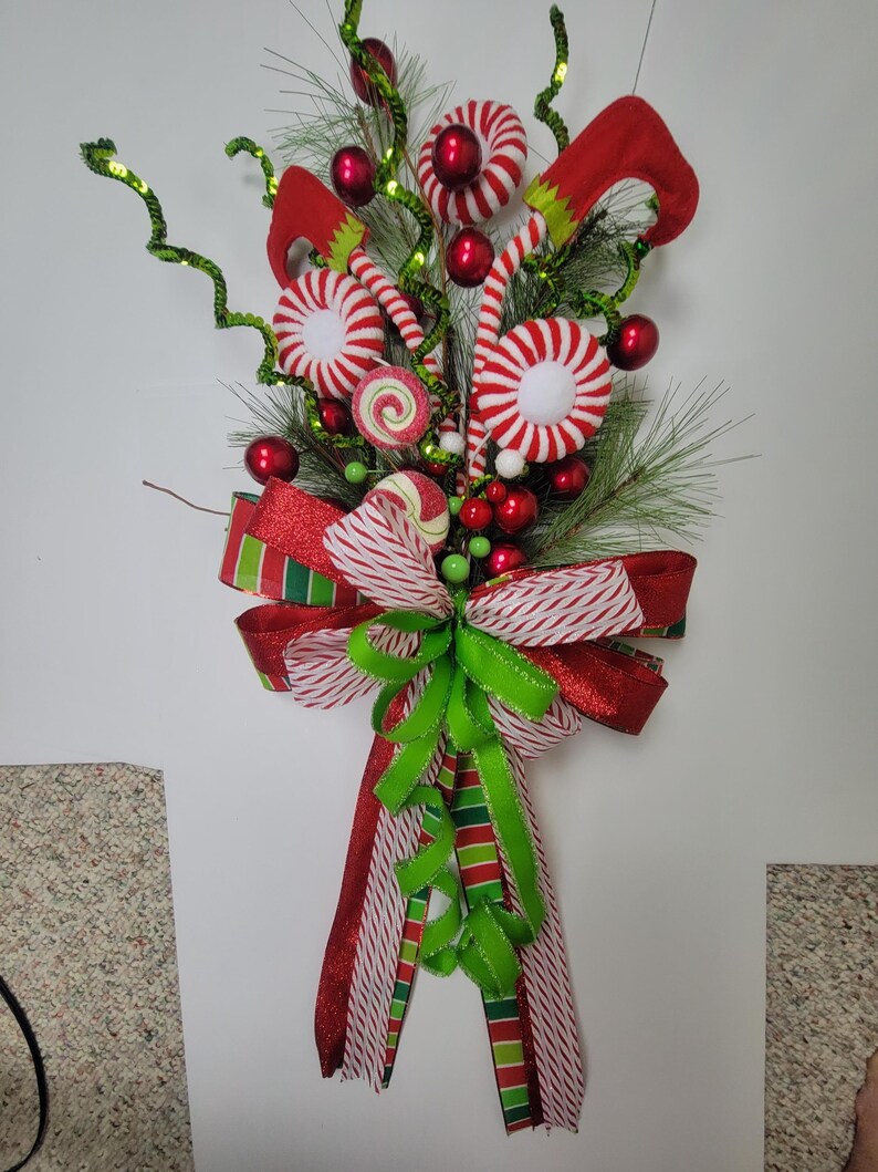 Whimsical Elf Legs Christmas Tree Topper: Peppermint Candy Holiday Swag ...