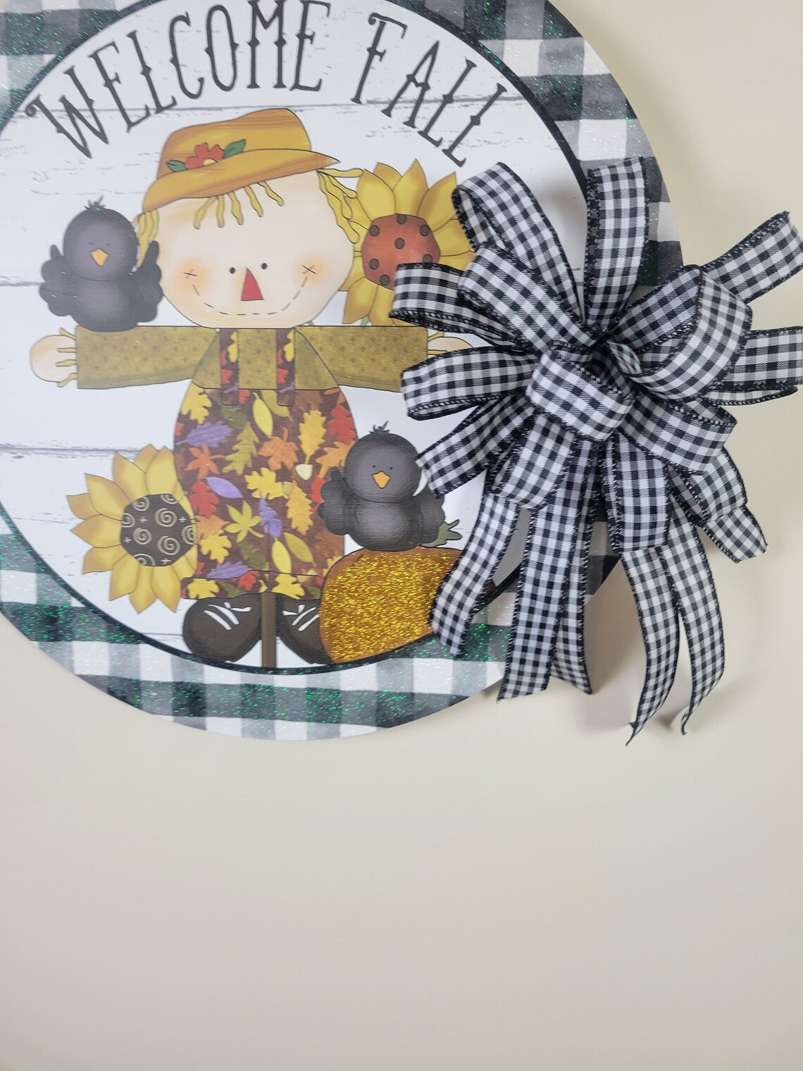 Rustic Welcome Fall Scarecrow Door Hanger With Buffalo Plaid Bow Autumn ...