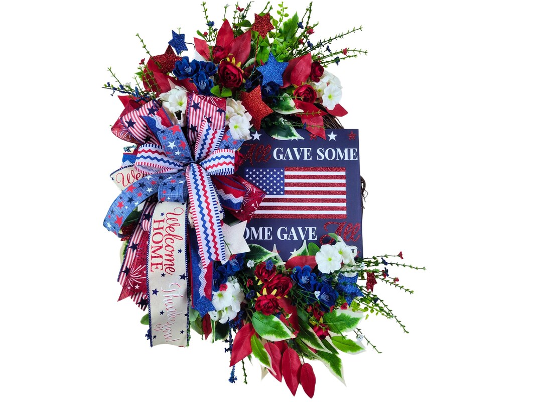 Patriotic Welcome Home Wreath, Memorial Day Door Decor, Red White Blue ...