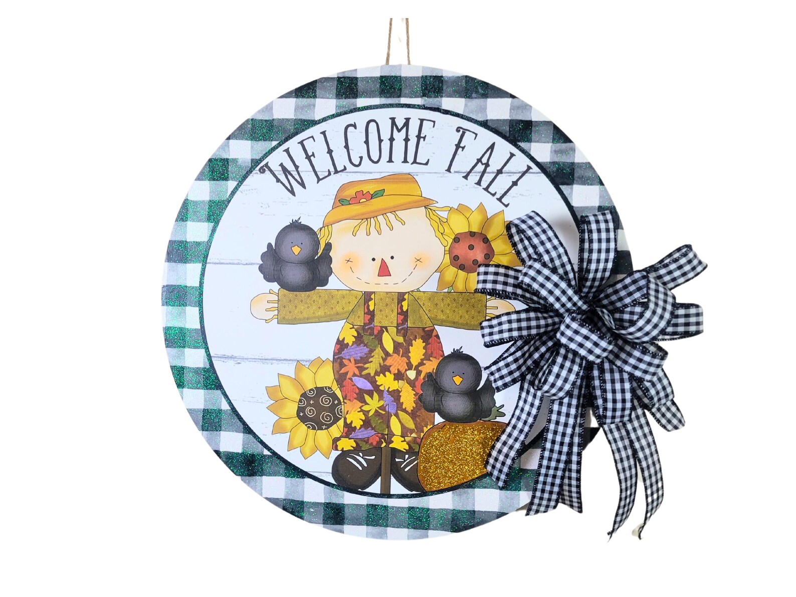 Rustic Welcome Fall Scarecrow Door Hanger With Buffalo Plaid Bow Autumn ...