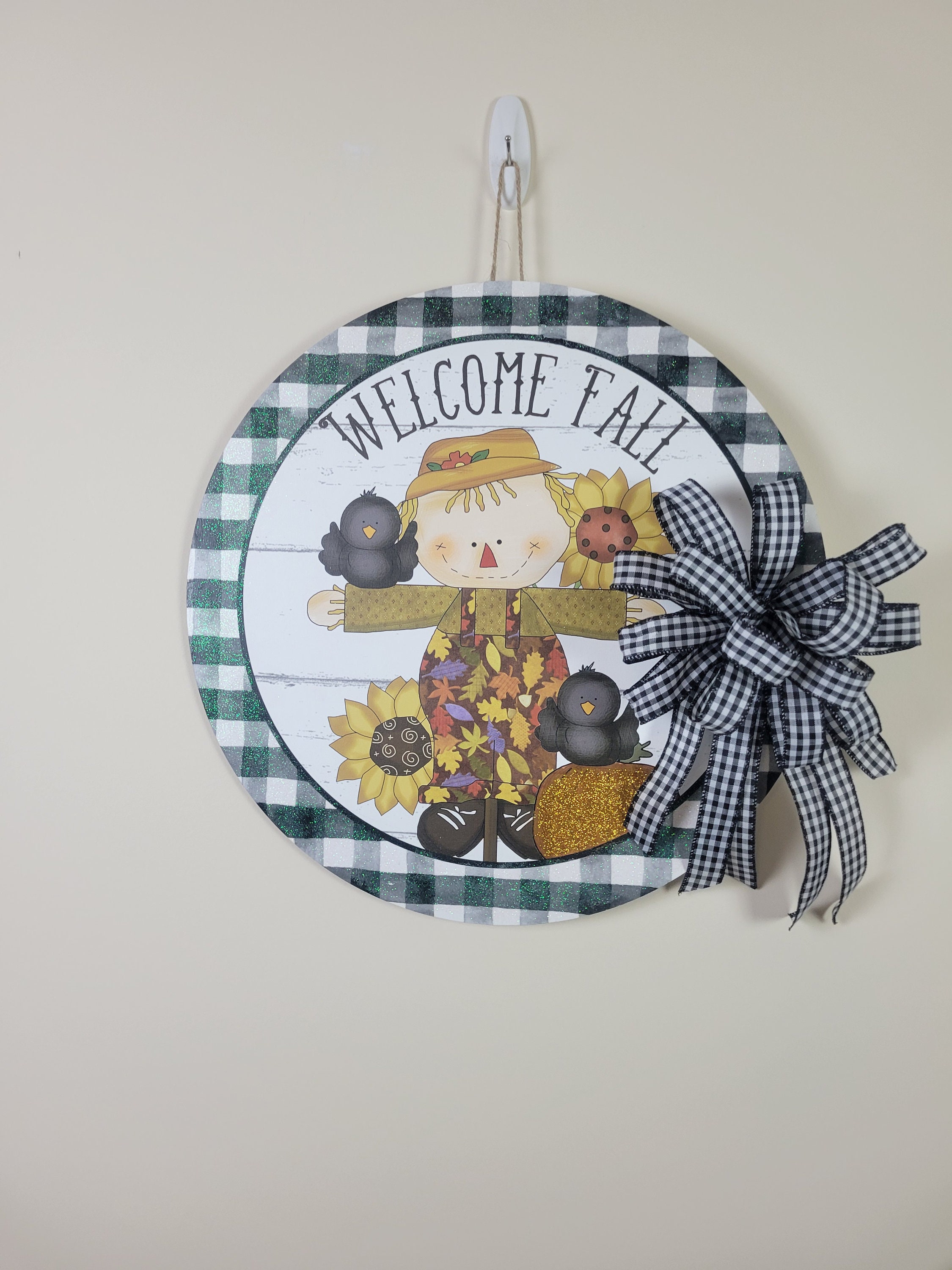 Rustic Welcome Fall Scarecrow Door Hanger With Buffalo Plaid Bow Autumn ...