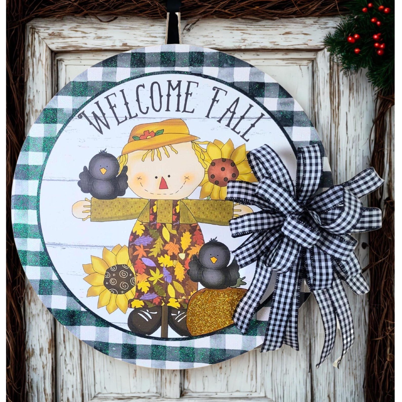 Rustic Welcome Fall Scarecrow Door Hanger, Buffalo Plaid Decor, Autumn ...