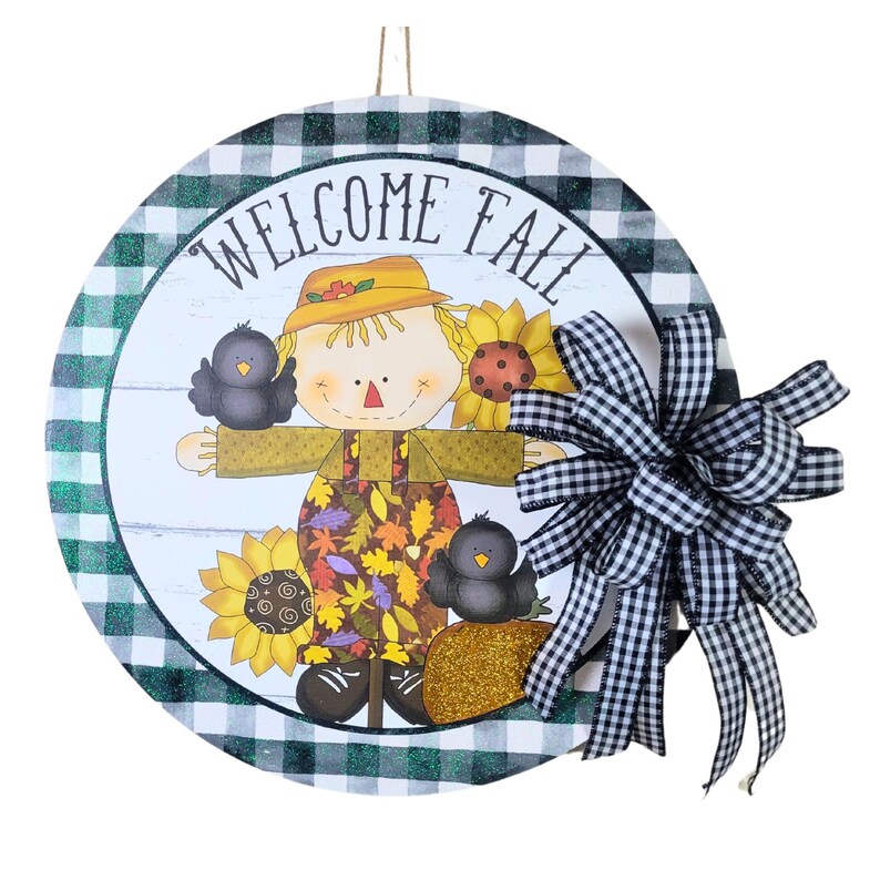 Rustic Welcome Fall Scarecrow Door Hanger, Buffalo Plaid Decor, Autumn ...