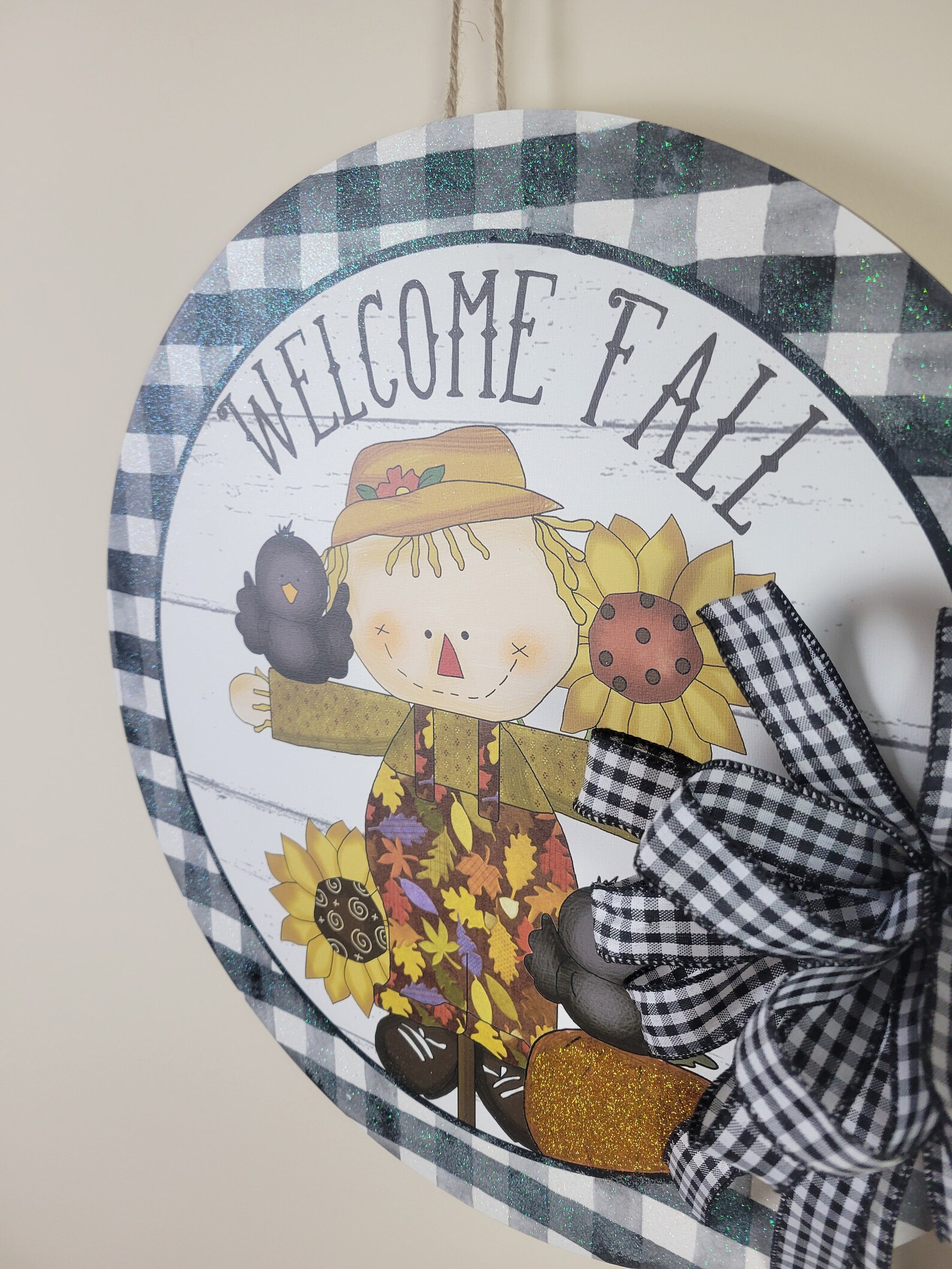Rustic Welcome Fall Scarecrow Door Hanger With Buffalo Plaid Bow Autumn ...