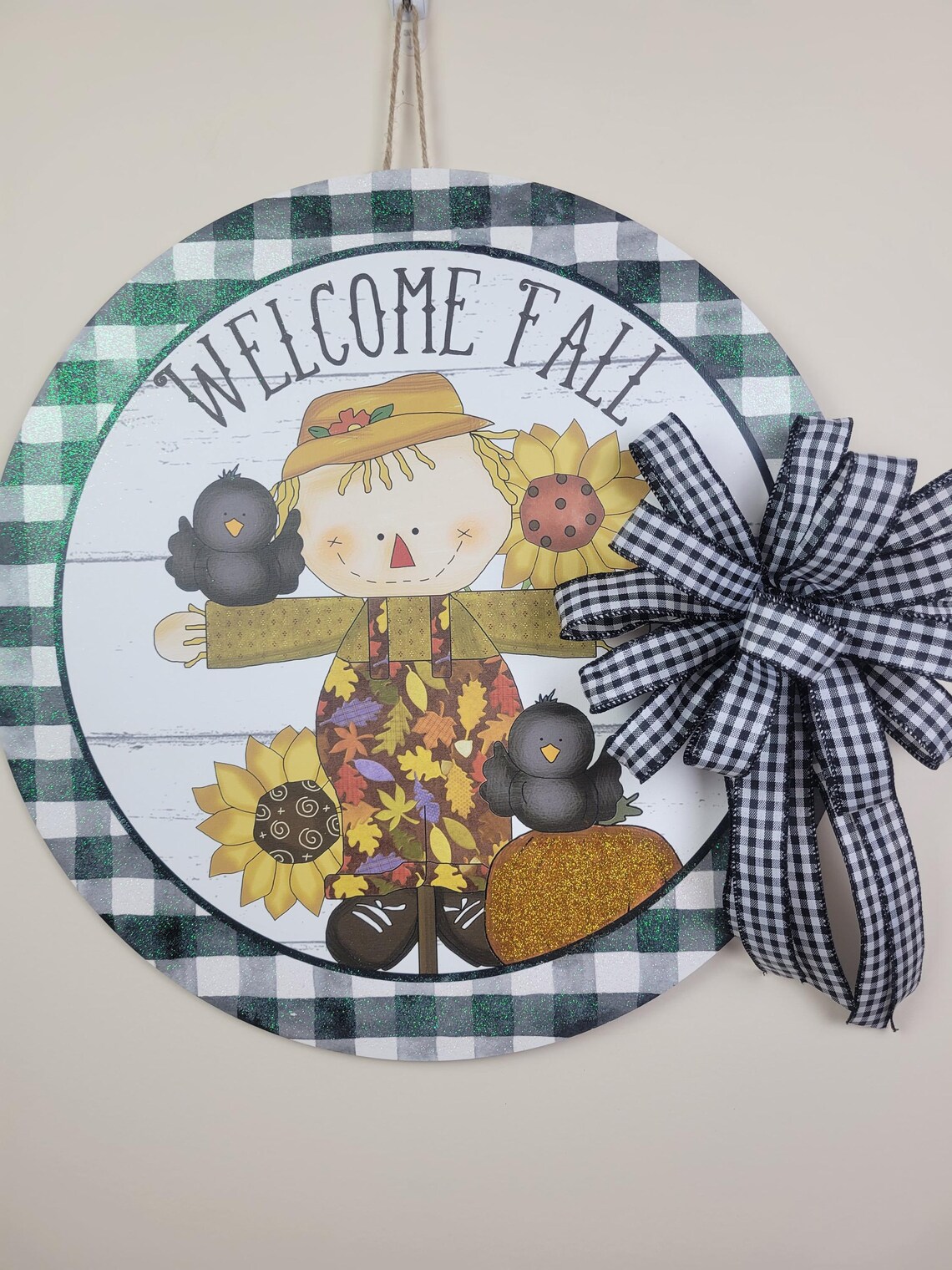 Rustic Welcome Fall Scarecrow Door Hanger, Buffalo Plaid Decor, Autumn ...