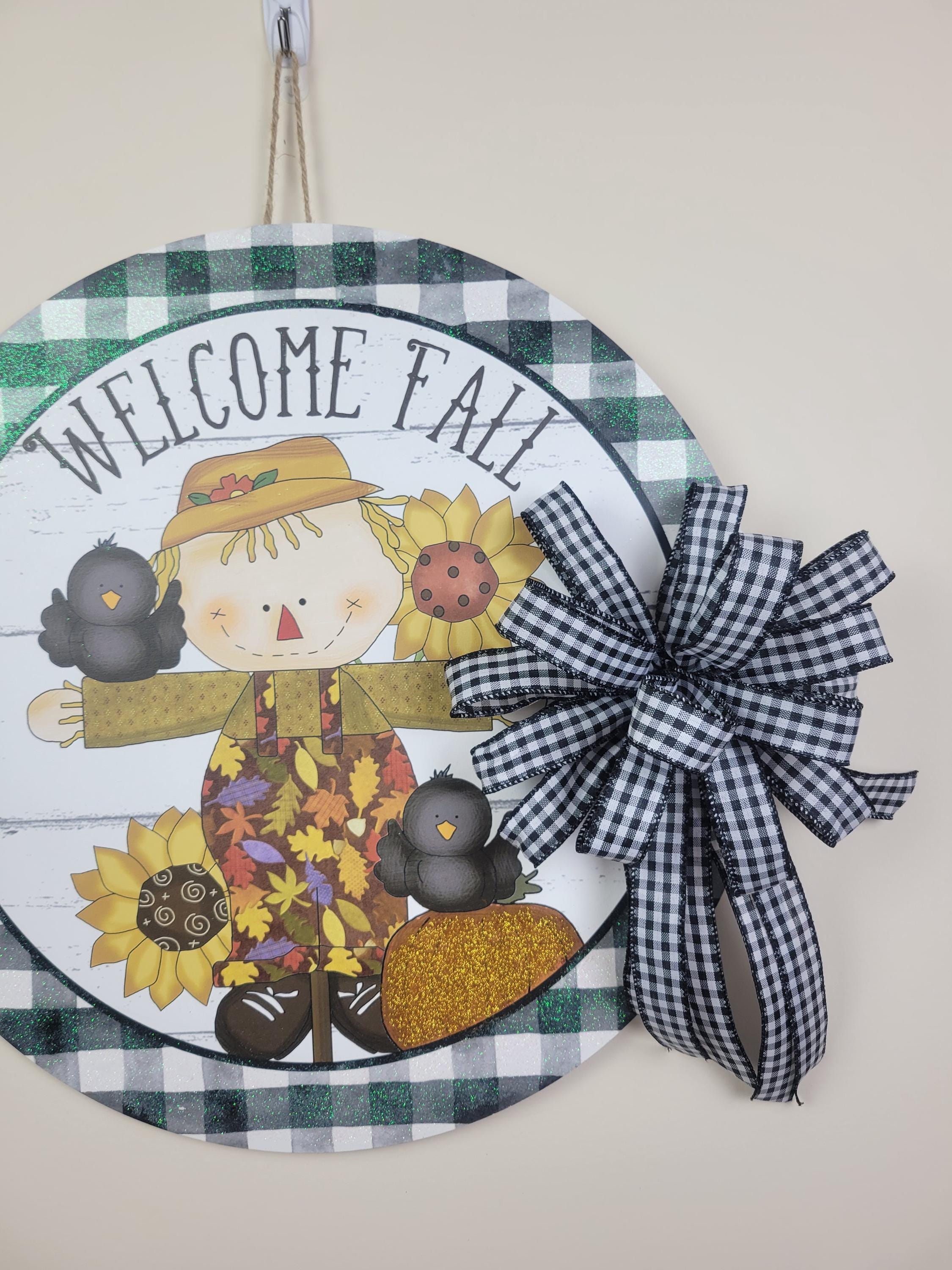Rustic Welcome Fall Scarecrow Door Hanger, Buffalo Plaid Decor, Autumn ...