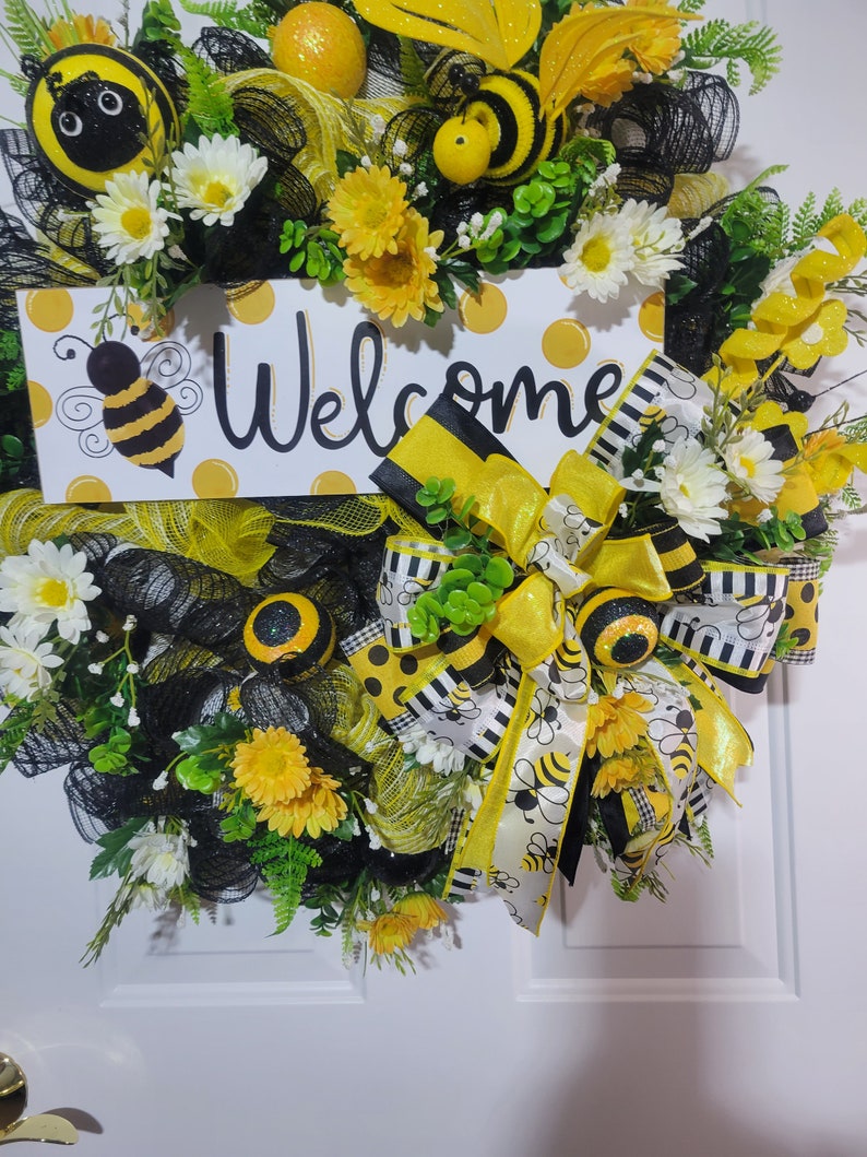 Bumble Bee Wreath, Queen Bee, Welcome Sign With Bee, Bee Ribbon, Floral ...