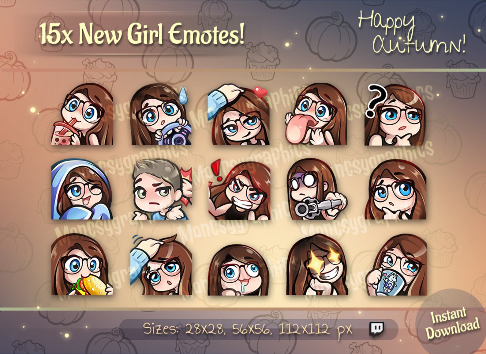 Twitch Emotes // Cute Brown Hair , With Glasses, Blue Eyes Girl Chibi ...