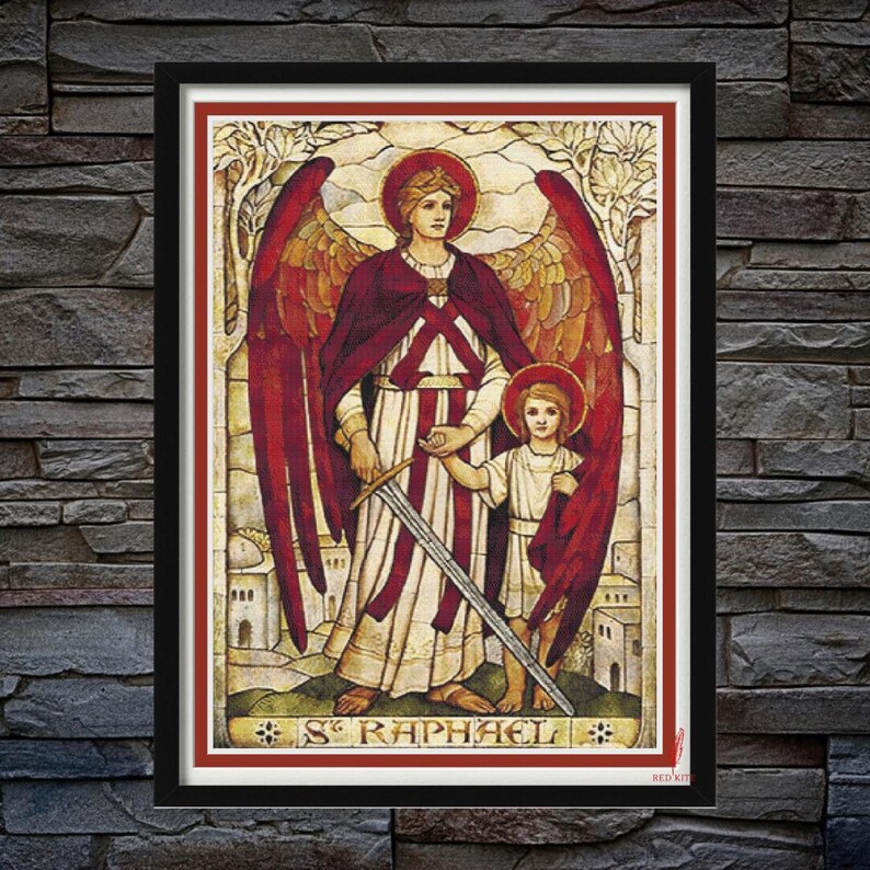 St Raphael the Archangel, Stained Glass Style, Full Coverage Cross ...