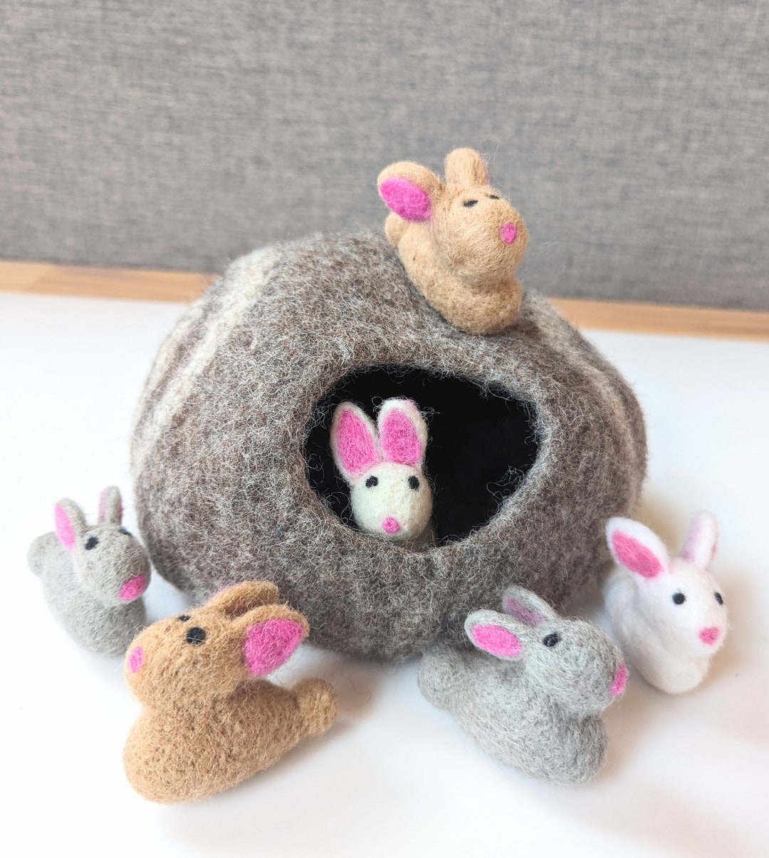Felt Baby Bunny Burrow Play Set / Waldorf Felted Wool Play House Cave ...