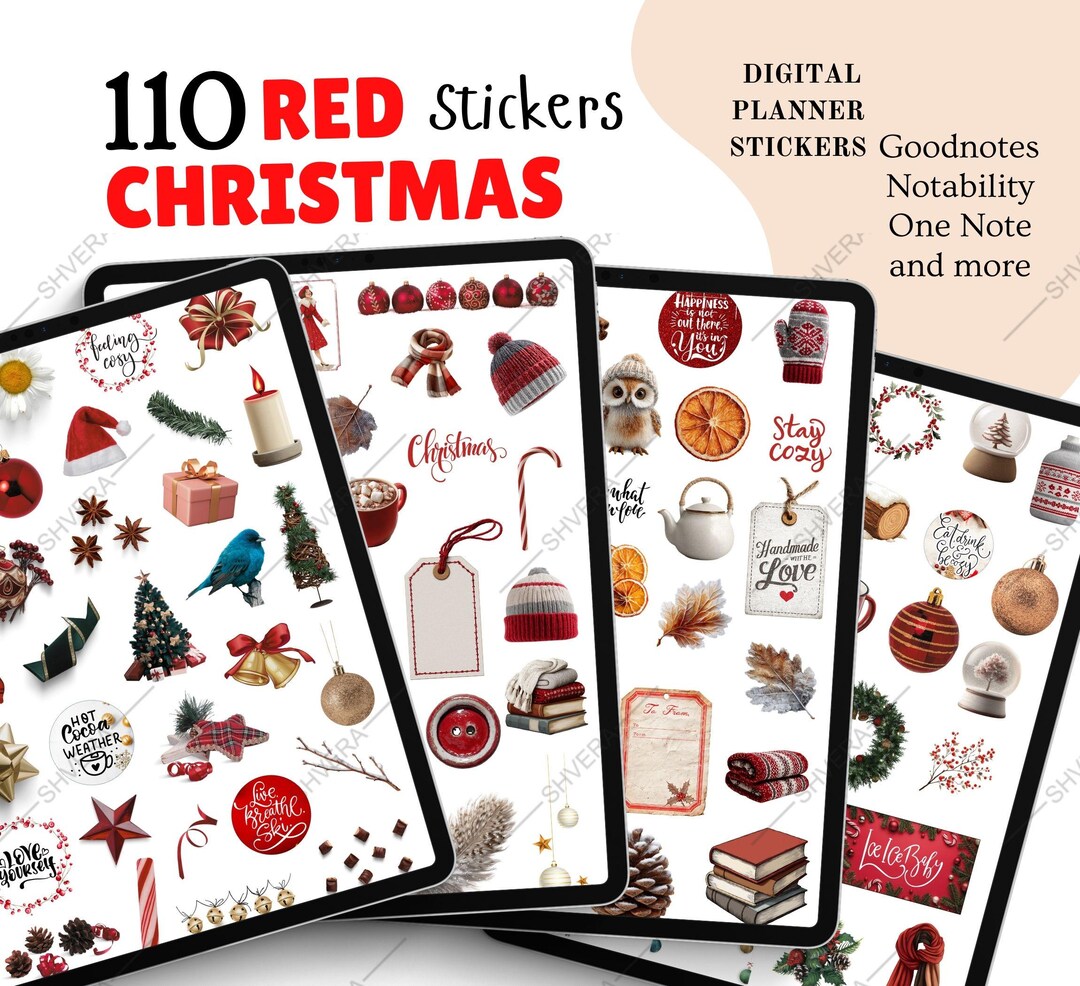 110 Red Christmas Digital Planner Stickers, PNG, Goodnotes, Pre-cropped ...