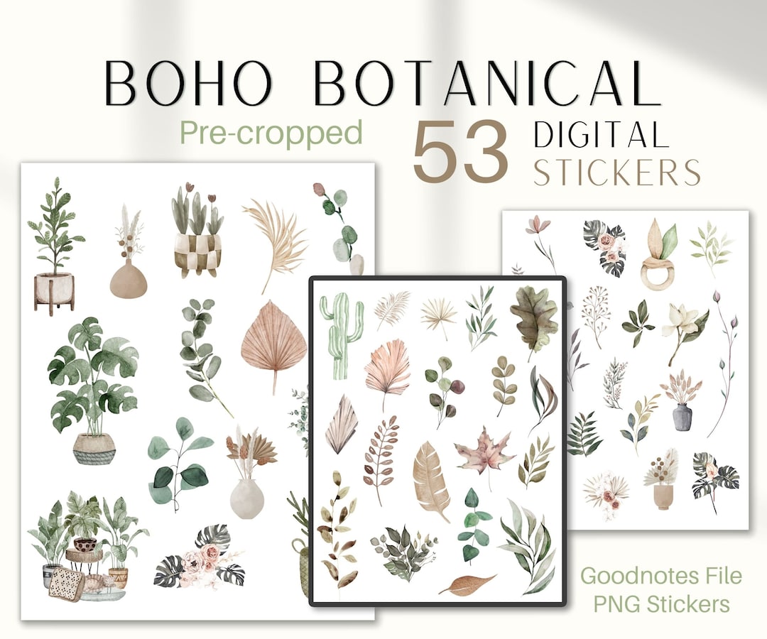 Boho Botanical Digital Stickers, Pre-cropped Goodnotes Stickers | 53 ...