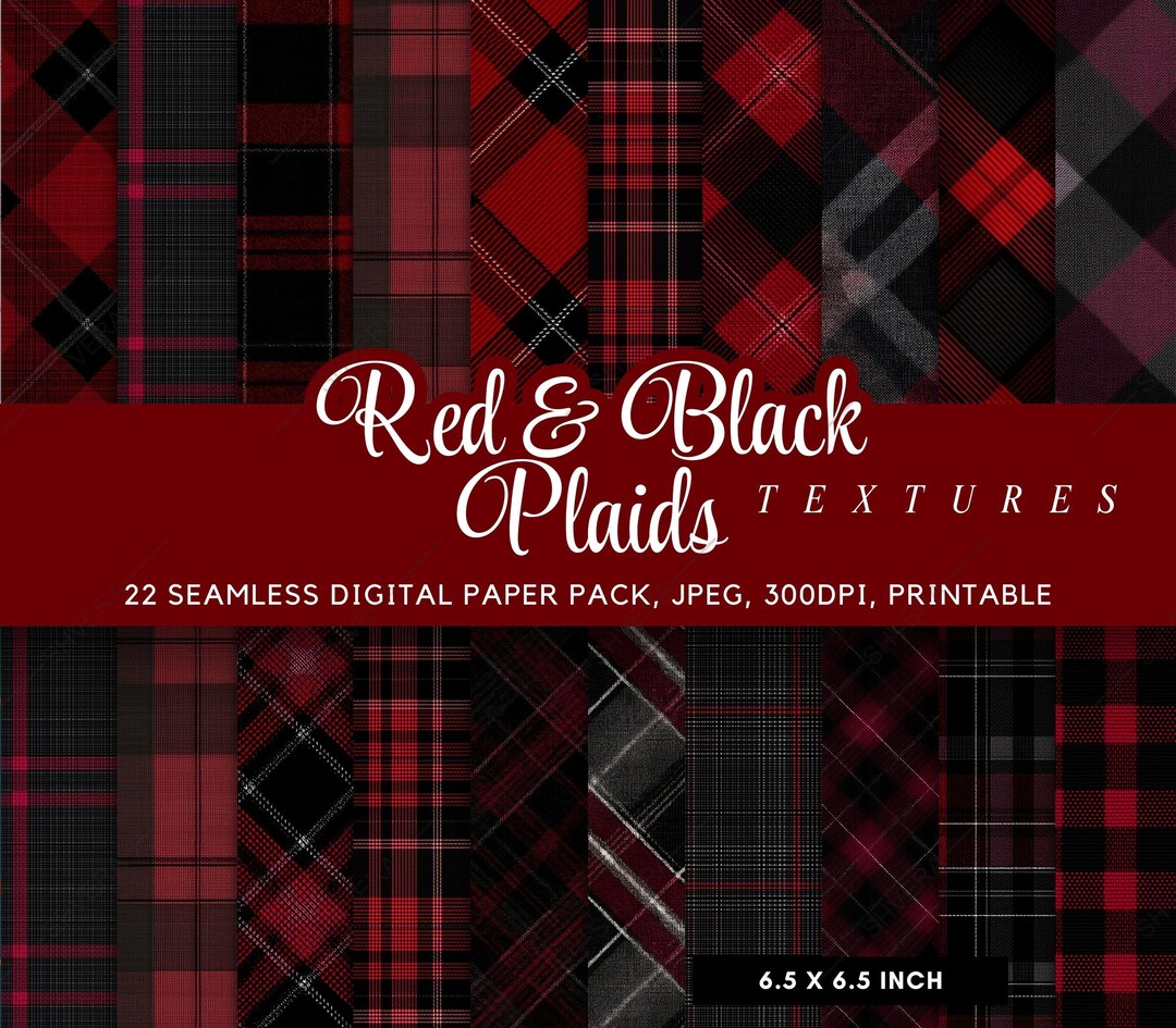 22 Seamless Red Black Plaid Digital Paper Pack, Tartan Check Pattern ...