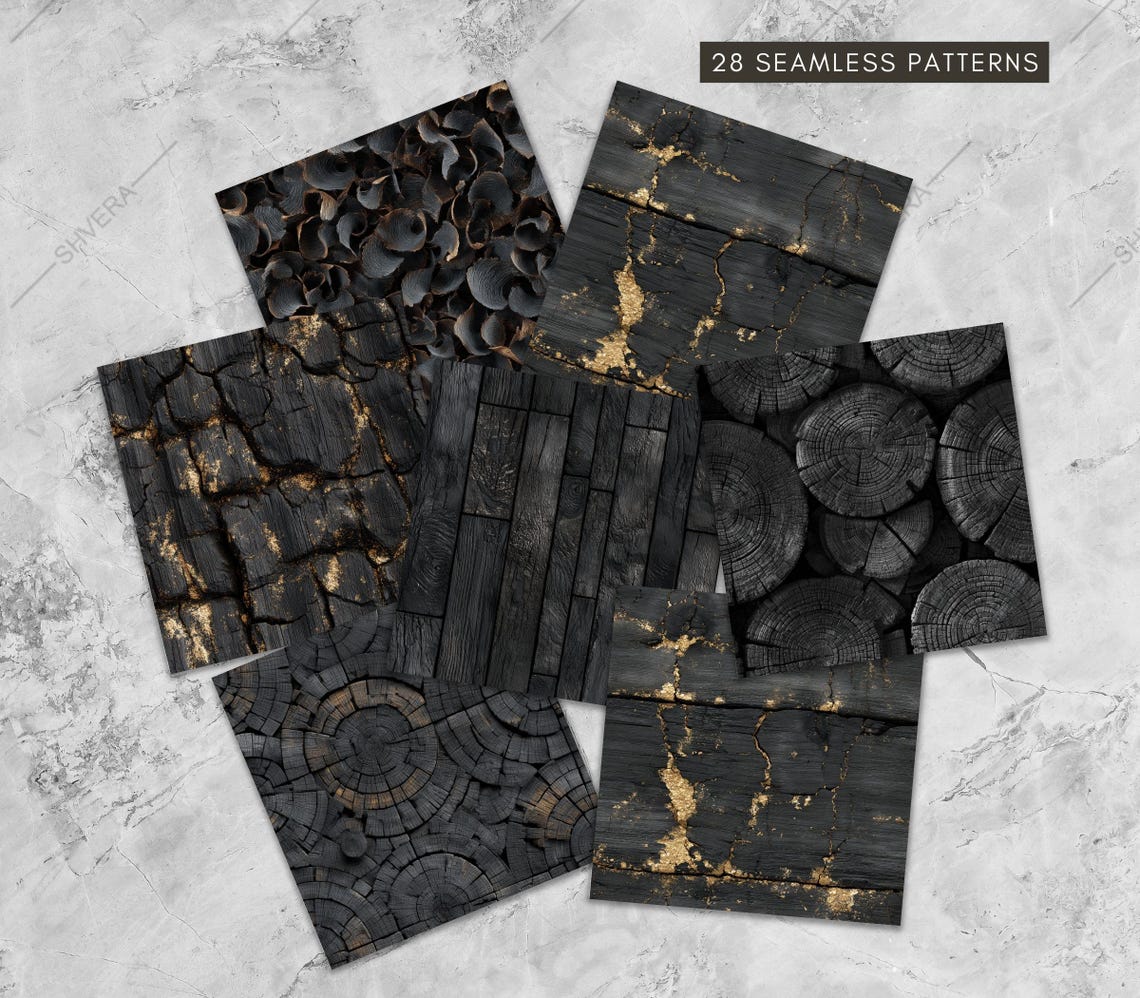 28 Seamless Black and Gold Textures Pack, Charred Wood Digital Paper ...