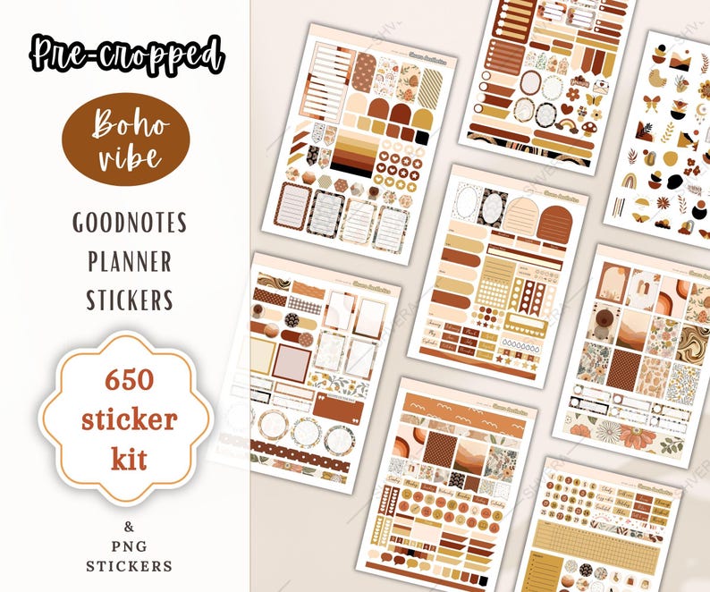 650 Boho Vibe Digital Stickers Bundle for Goodnotes, PNG Stickers, Pre ...
