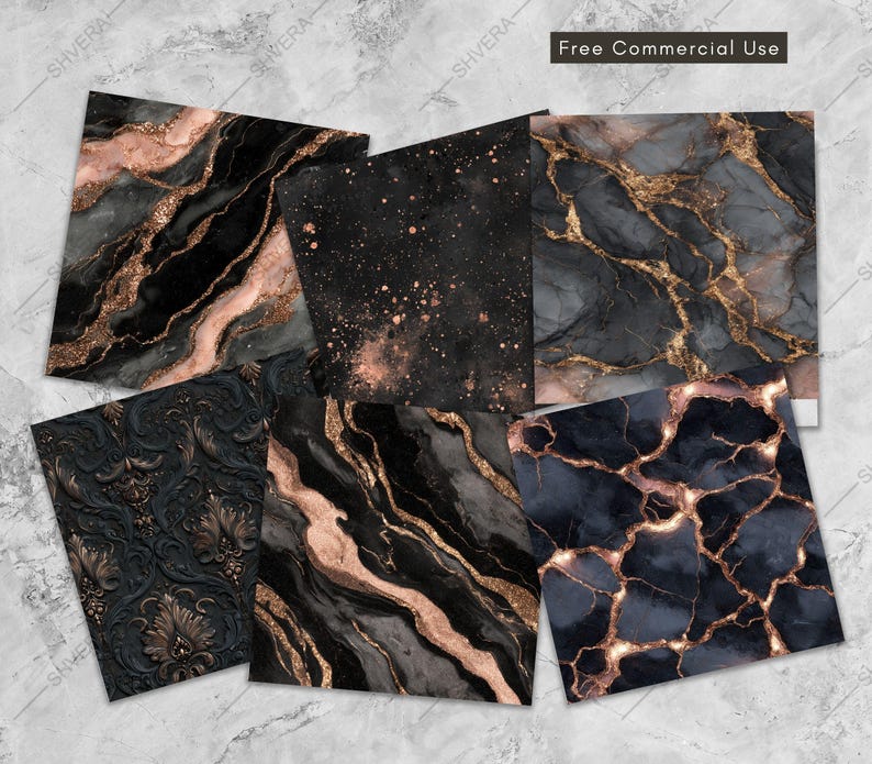 24 Seamless Black & Rose Gold Digital Paper Bundle, Printable Marble ...