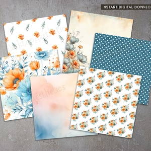Buy 16 Peach and Blue Floral Digital Paper Pack, Wedding Invitations ...