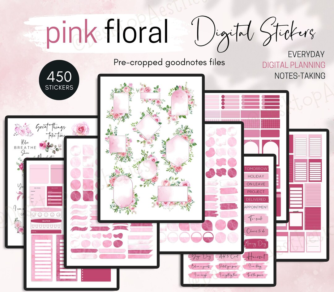 450 Pink Floral Digital Planner Stickers, Pre-cropped Goodnotes ...