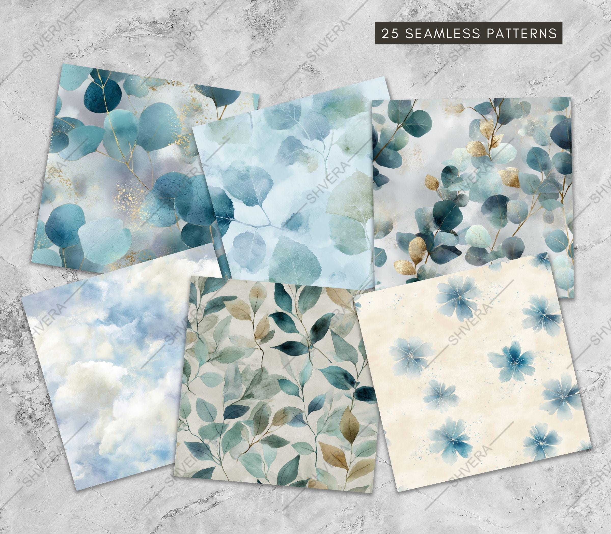 25 Seamless Blue Botanical Digital Paper Bundle, Teal Gold Floral ...