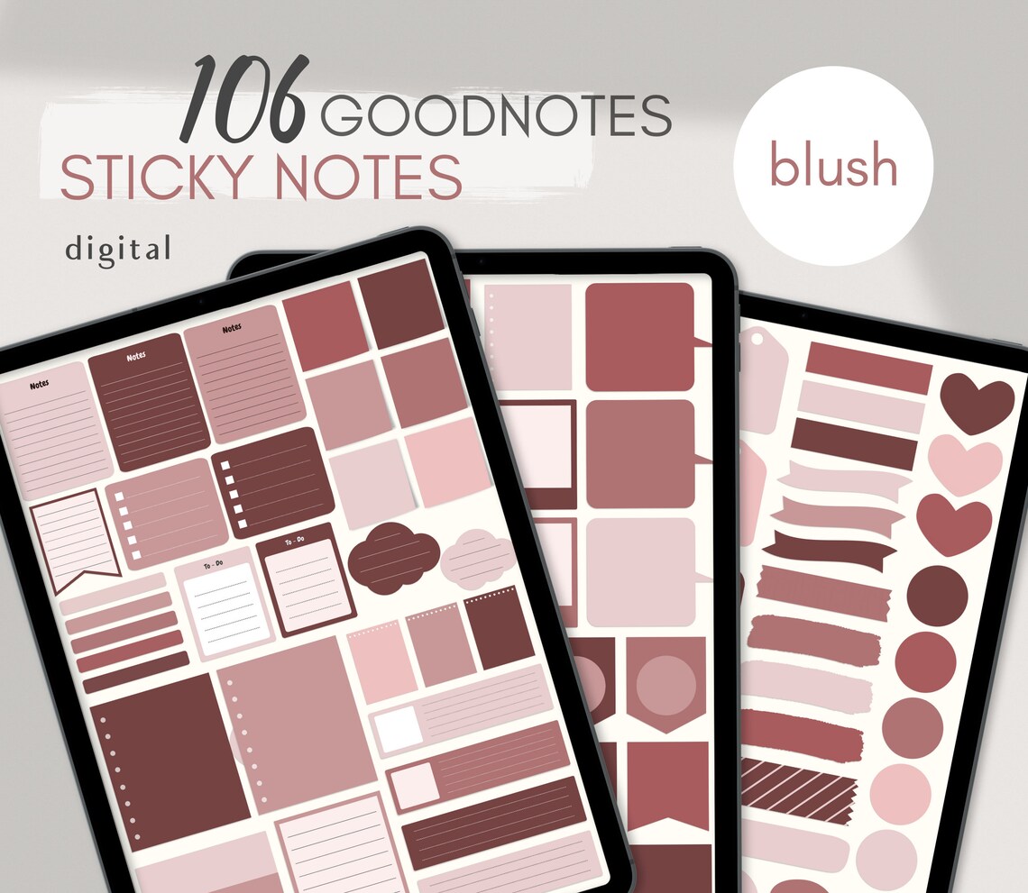 106 Goodnotes Sticky Notes, Blush Pre Cropped Digital Widgets for ...