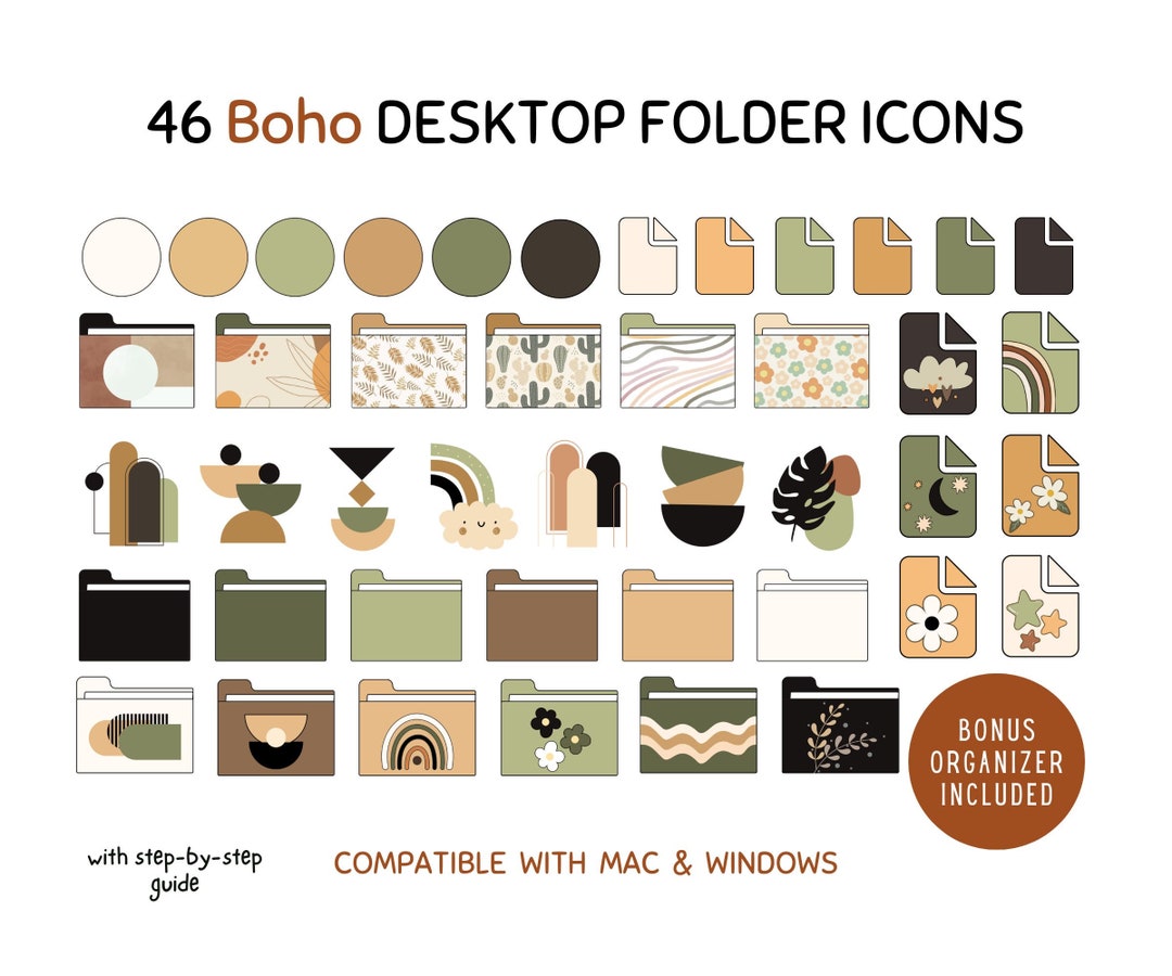 Aesthetic Boho Folder Icons for MAC and WINDOWS, Chic Desktop Folder ...