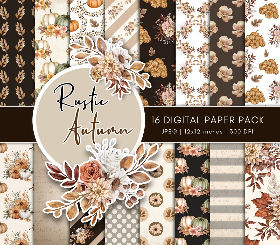 16 Rustic Autumn Floral Digital Paper Pack, Fall Aesthetic, Wedding ...