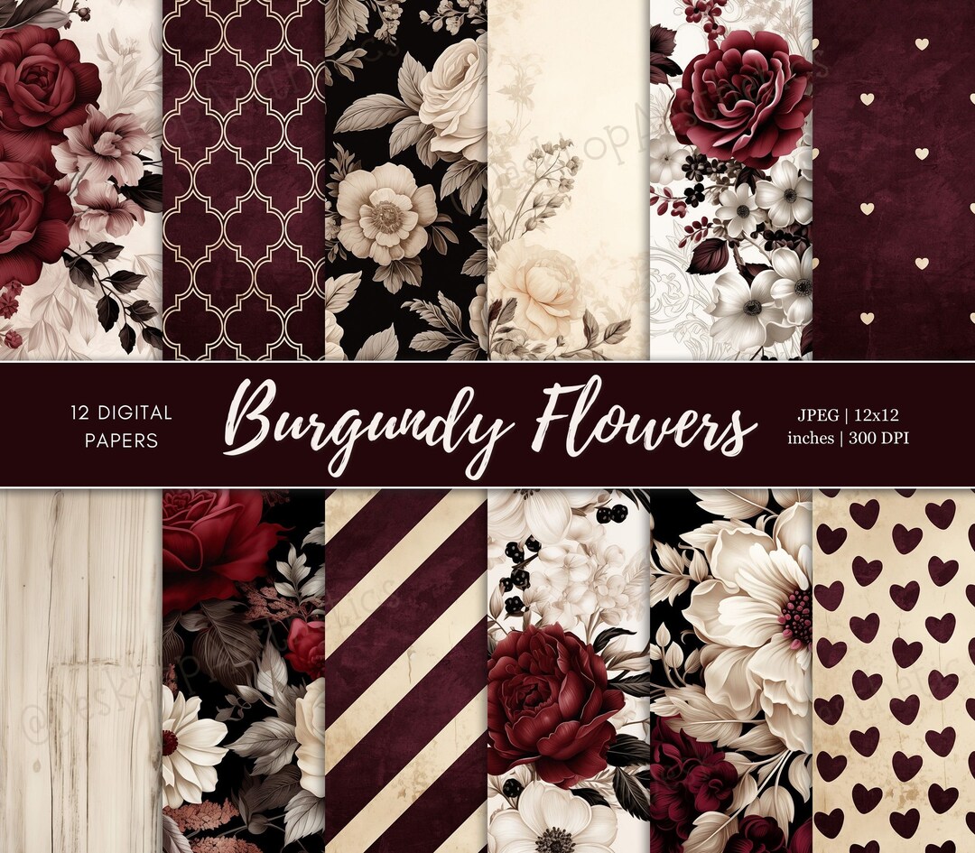 Elegant Burgundy Digital Paper Pack | Vintage | 12 Printable Scrapbook ...