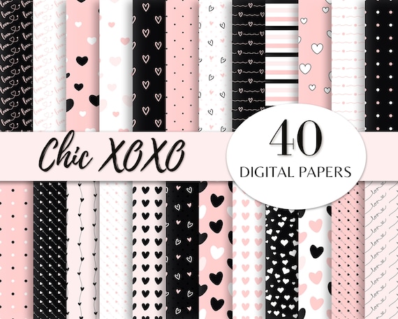 32 Chic Digital Paper Pack Pink White Black Scrapbook | Etsy