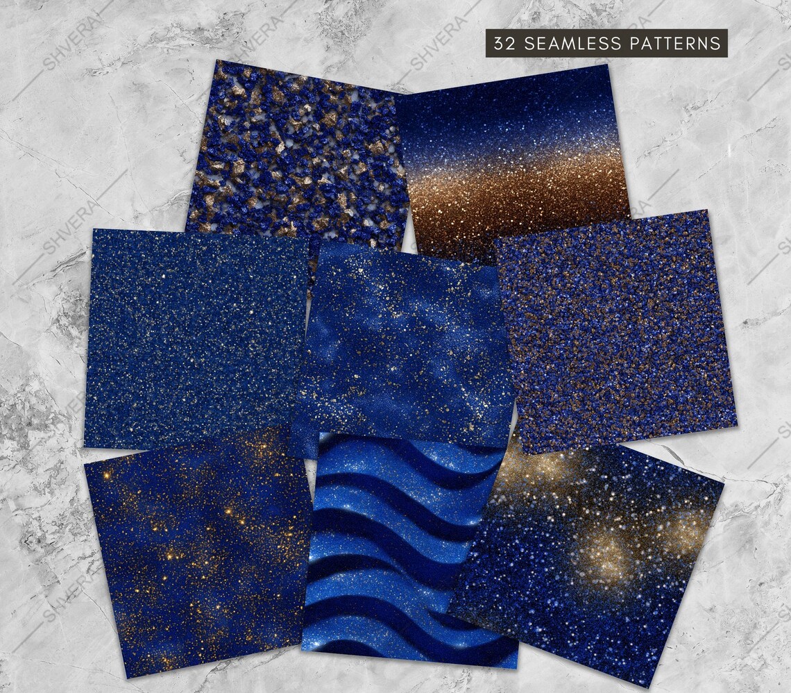 32 Seamless Navy Blue and Gold Glitter Digital Paper Bundle, Dark ...